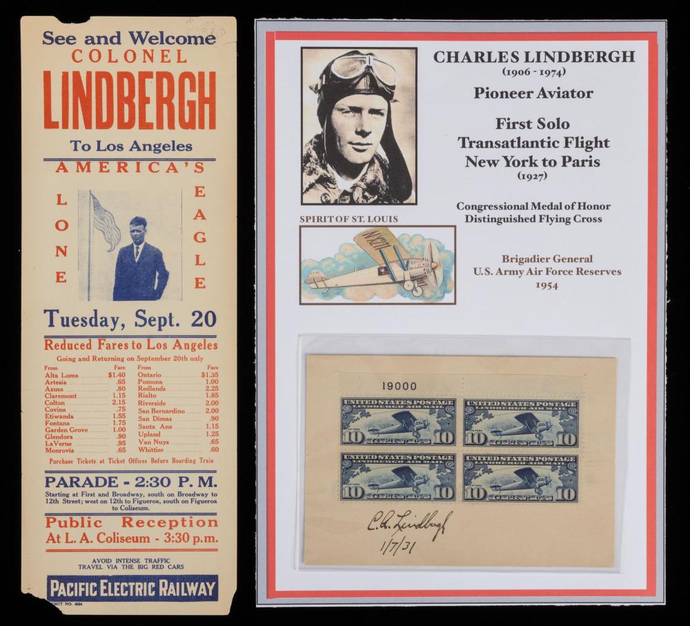 Lindbergh, Charles: Dated Autograph on Card Stock with Mounted 10 Cent ...