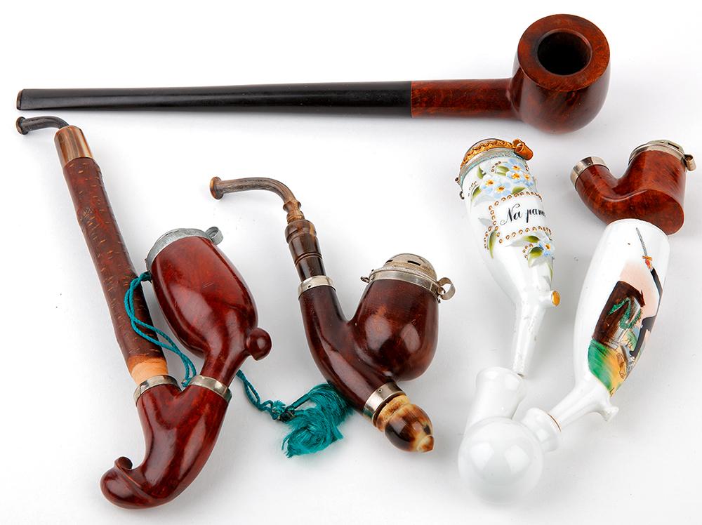 Collection of 10 Vintage German Porcelain & Briar Wood Pipes, One Ropp ...